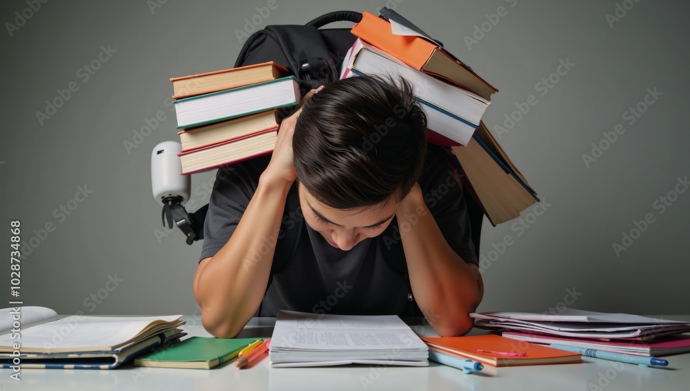 Overwhelmed student struggling under load of overflowing backpack ...