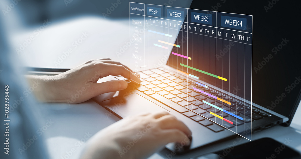 Project manager working on laptop and updating tasks and milestones ...
