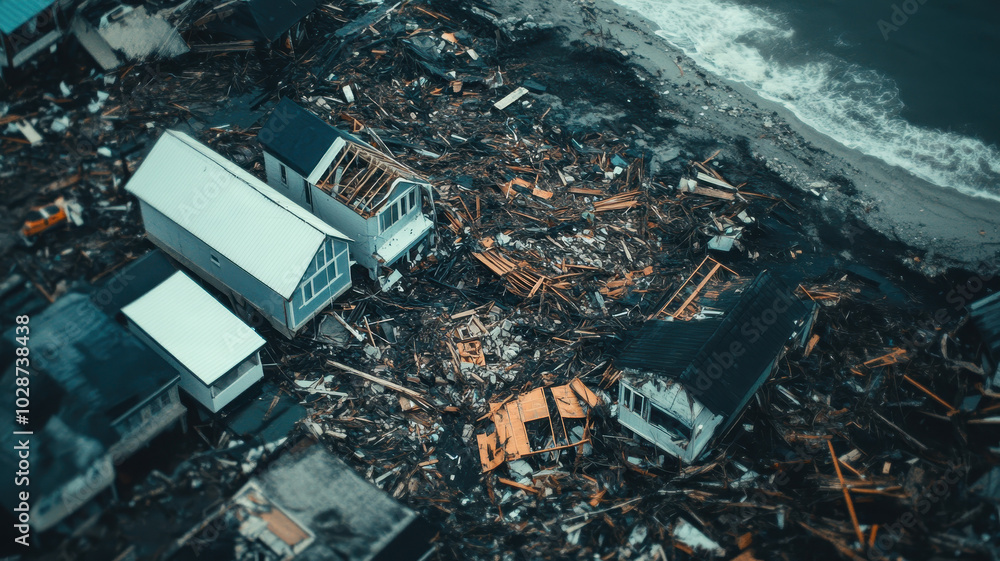 Aerial view of destroyed houses and debris along the shoreline after a ...