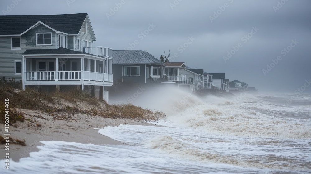 Coastal homes facing turbulent ocean waves during a storm, showcasing ...