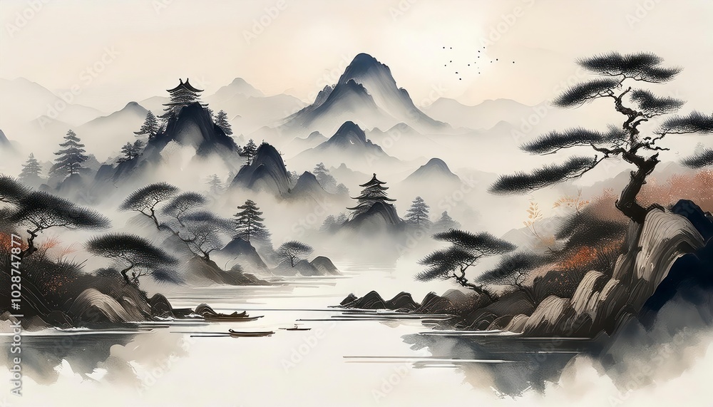 Traditional East Asian ink wash painting (sumi-e), featuring a serene ...