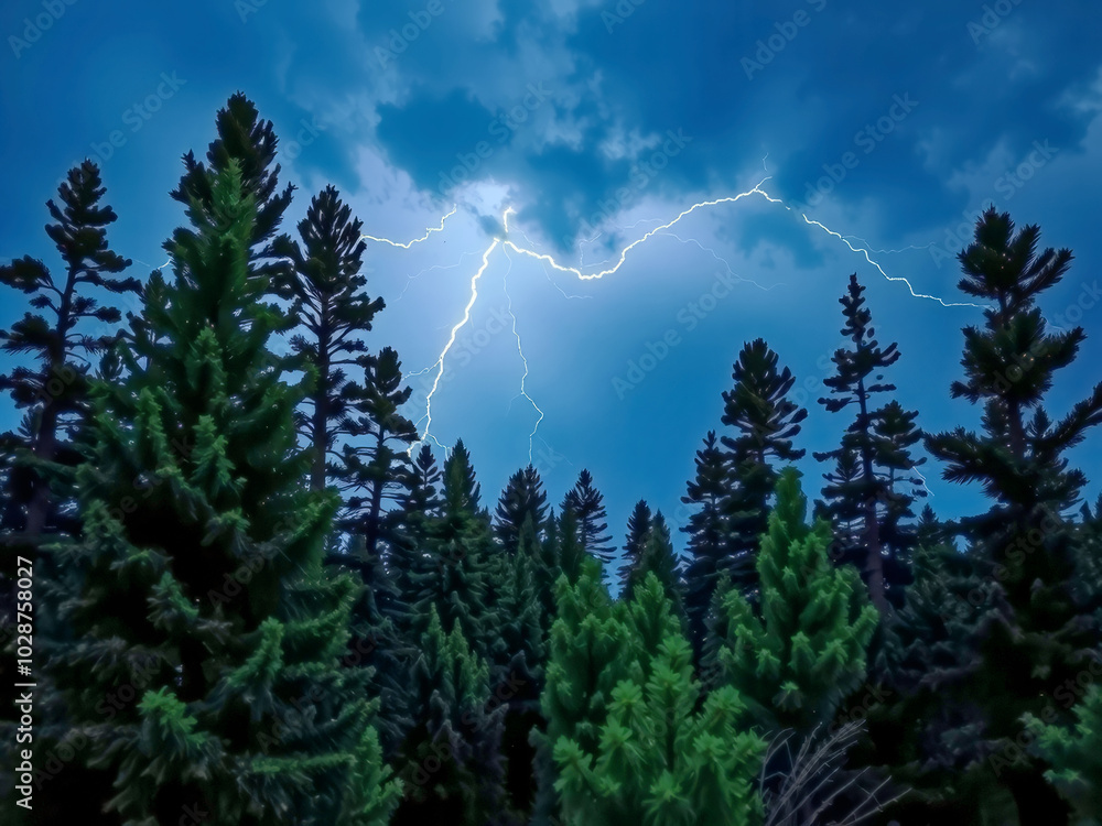 A lightning bolt strikes a tree in a forest. The sky is dark and cloudy ...