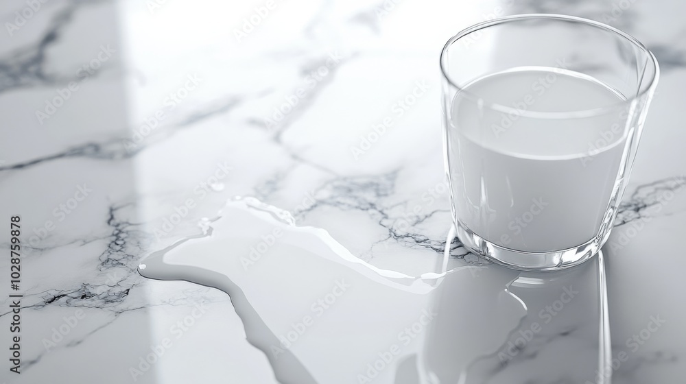 A glass of spilled milk on a polished marble floor, with the liquid ...