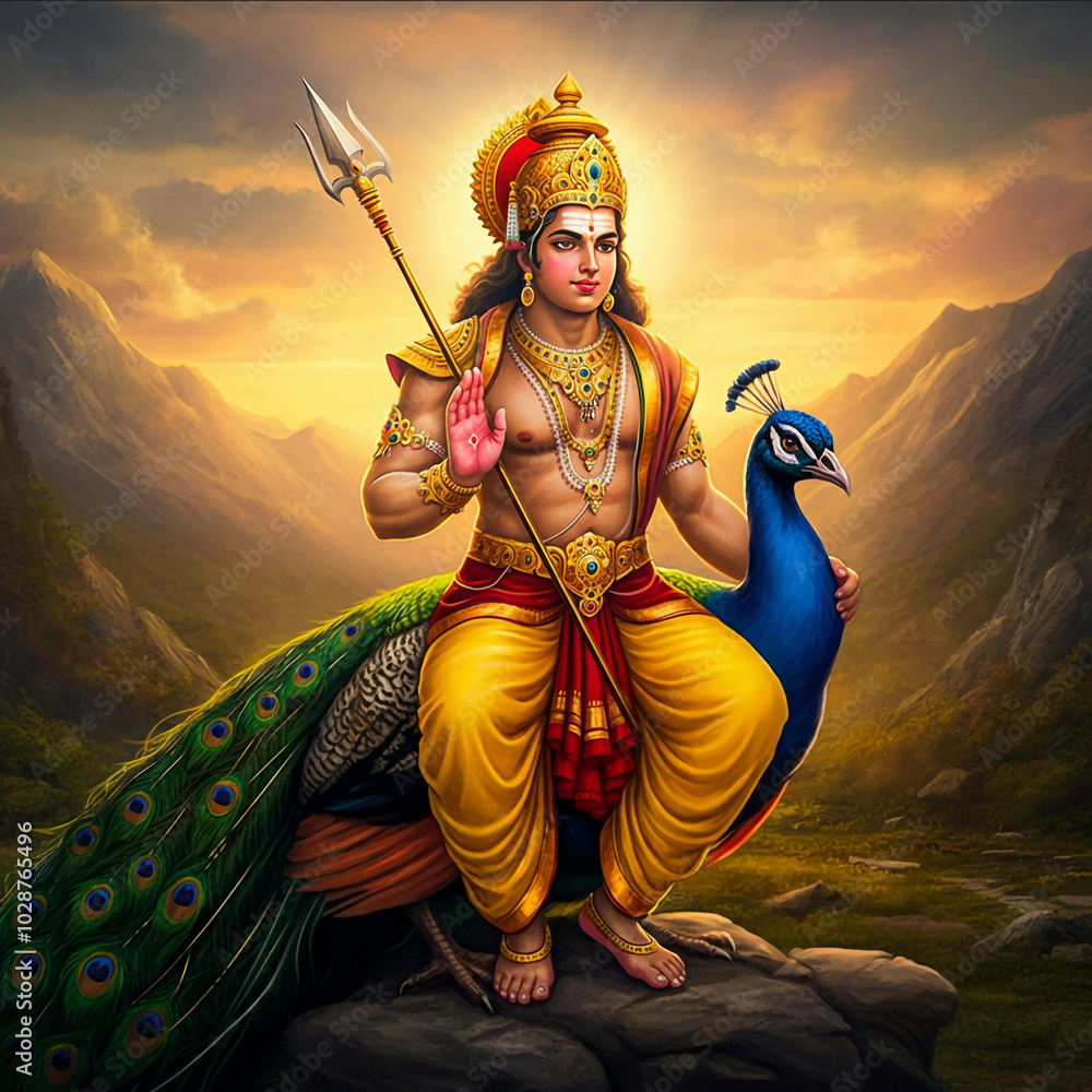 Lord Murugan seated on a peacock, holding a spear, symbolizing victory ...
