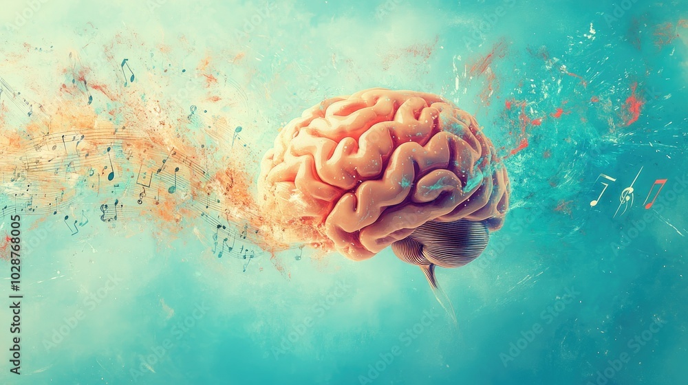 An imaginative portrayal of a human brain resonating with music and ...