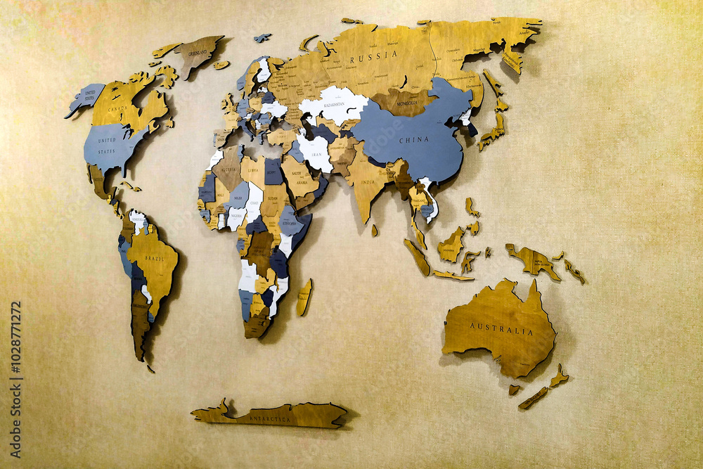 Poster Wooden map on the wall, interior geographical travel political ...