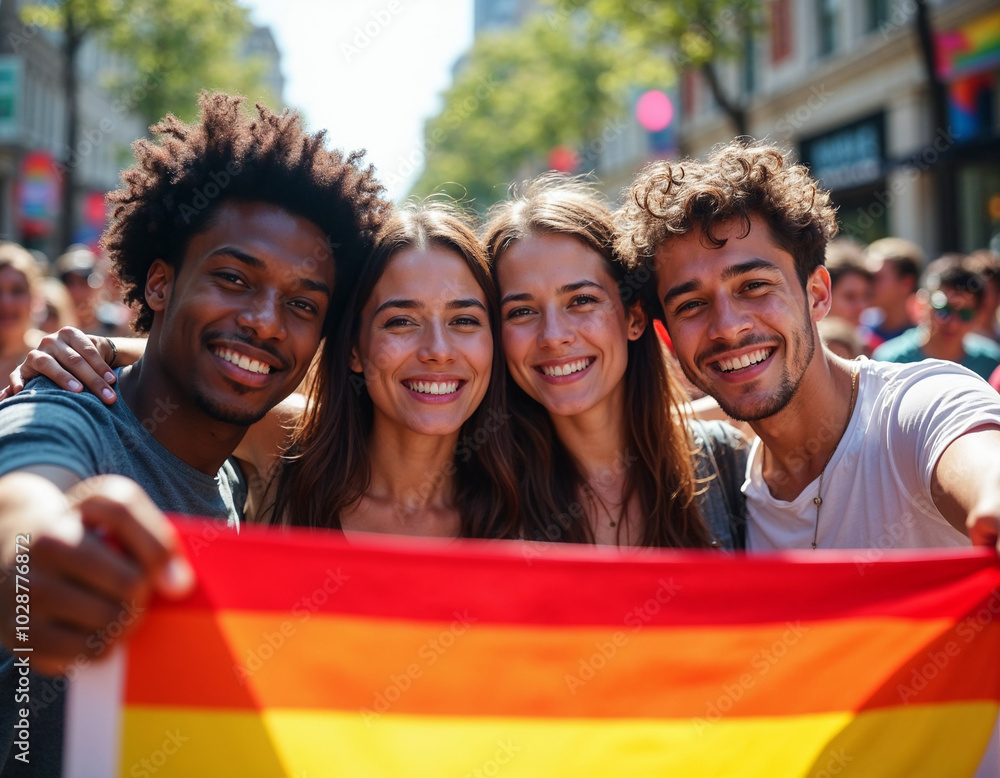 Selfie portrait of a group of lgbt mixed friends celebrating the gay ...
