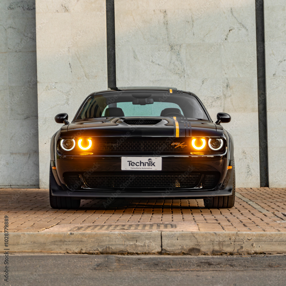 Black Dodge Challenger Front View, Sportscar external shot, High ...