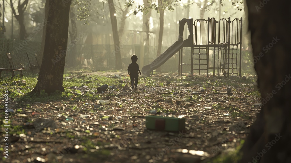 Forgotten Spaces: Child Playing in Polluted Park with Neglected ...