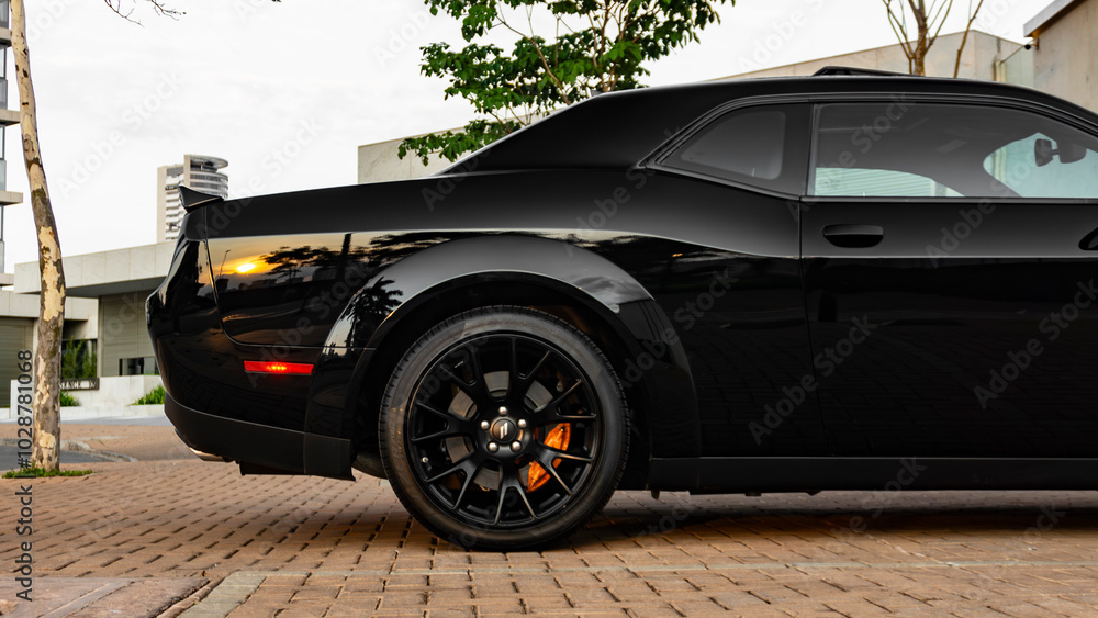 Black Dodge Challenger rear end side view, American Muscle Car ...