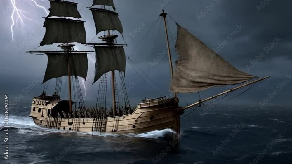 A ghost ship sails through a stormy sea, its tattered sails flapping in ...