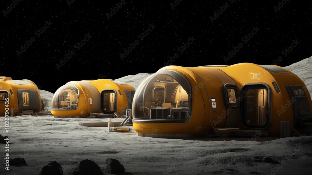 Futuristic lunar habitat with modular pods featuring transparent domes ...