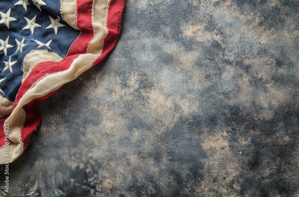Tattered American flag displaying faded stars and worn fabric against a ...