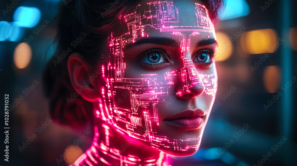 Photo & Art Print A futuristic digital face depicts glowing circuit ...