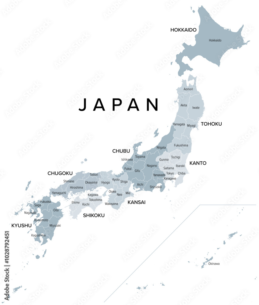 Japan, regions and prefectures, gray political map. Eight regions of ...