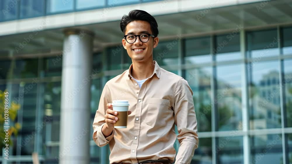 Stylish and confident asian businessman hold cup coffee near modern ...