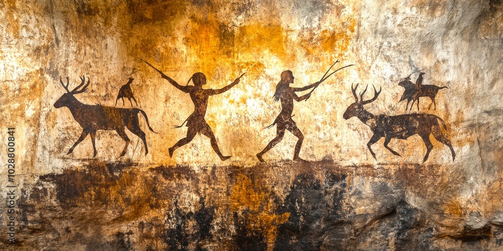 Ancient cave painting depicts early humans hunting. Figures show ...