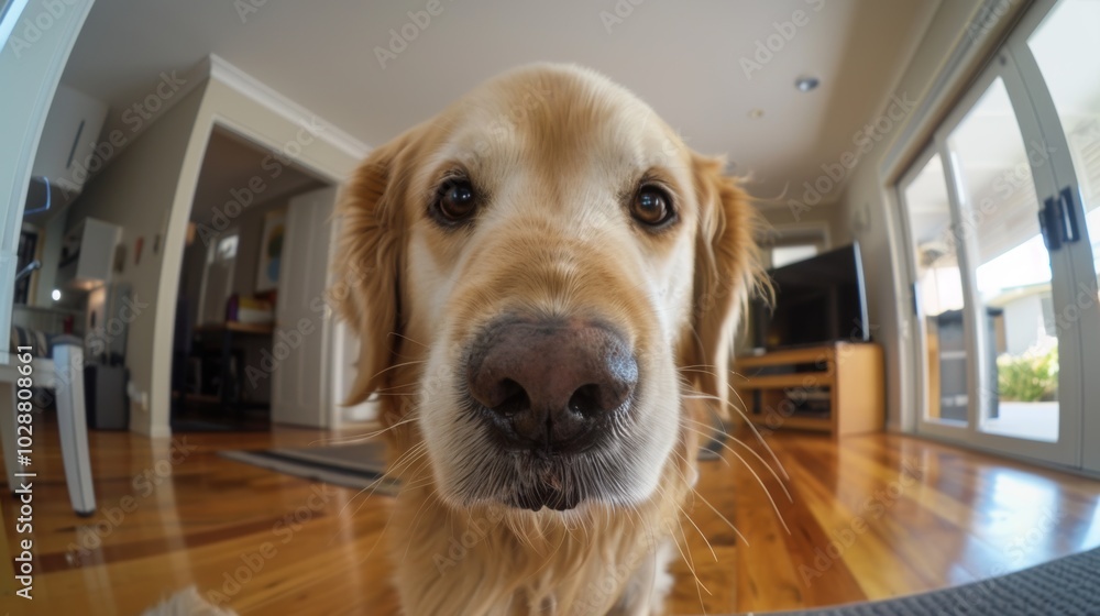 Pet POV Photography. Close-up of cute dog face captured from a low ...