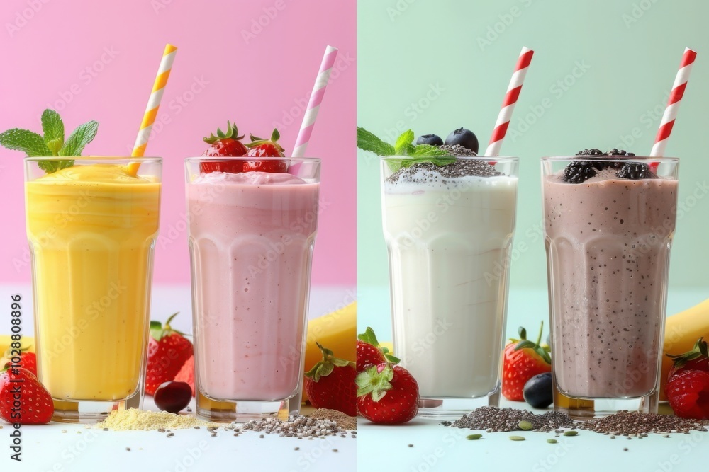 A set of four refreshing smoothies in different flavors, including ...