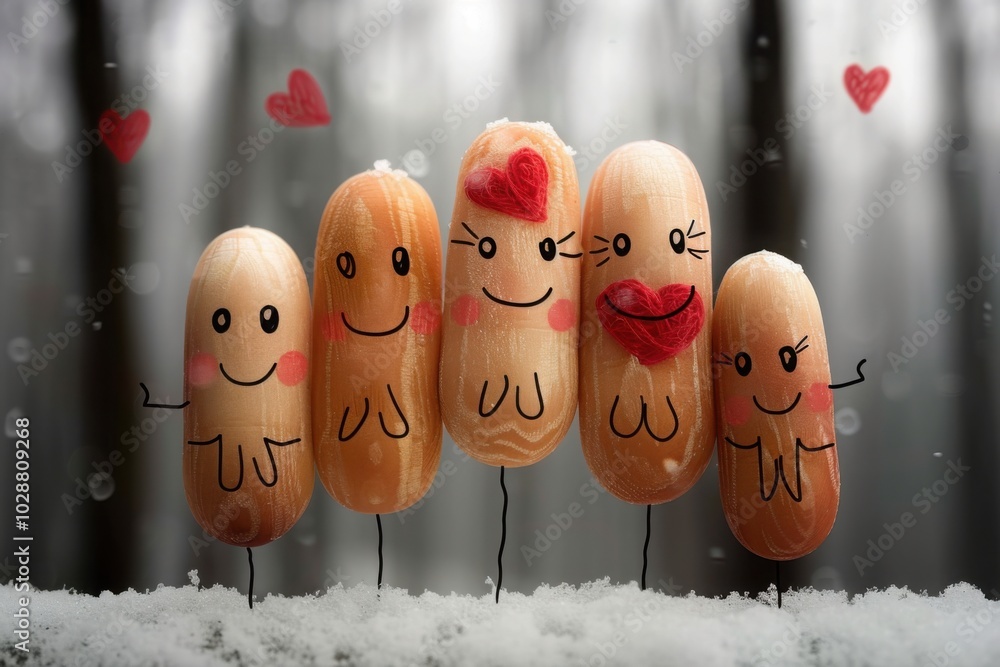 Five adorable finger characters with drawn-on faces, standing together ...