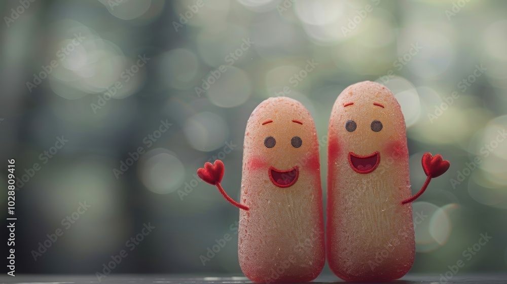 Two cute, pink, finger-like cartoon characters with smiling faces and ...
