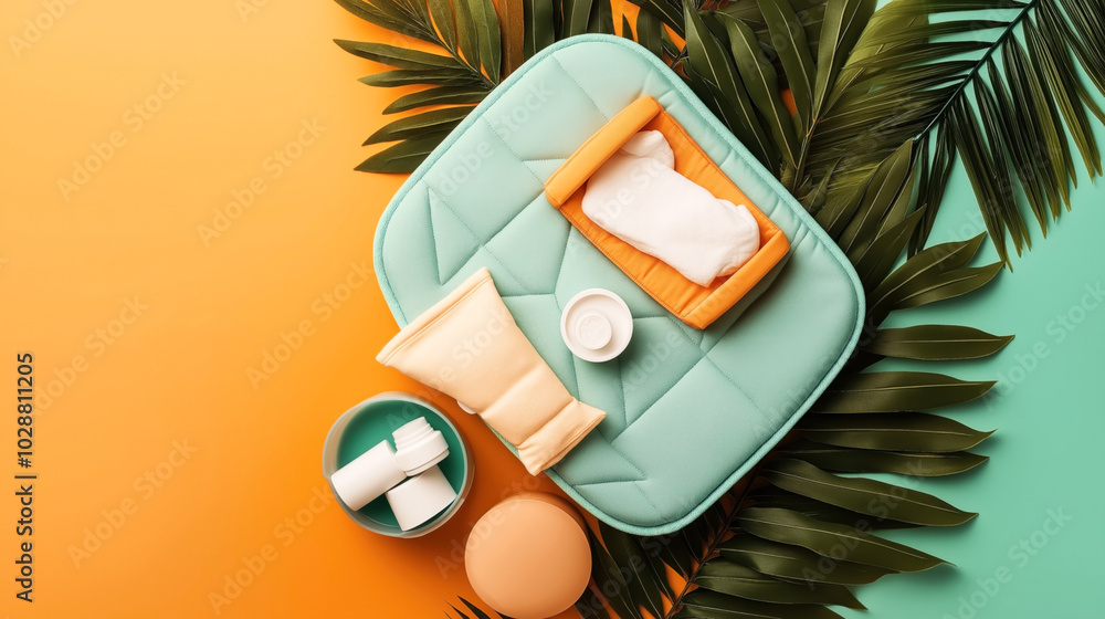Flat lay of baby changing essentials with a mat, diaper, creams, and ...
