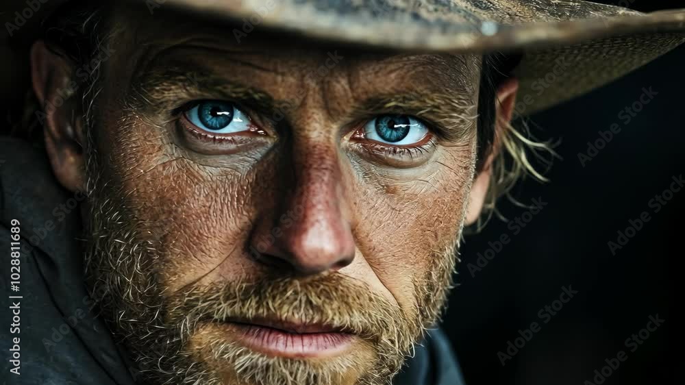 A man with blue eyes stares intently at the camera, his weathered face ...