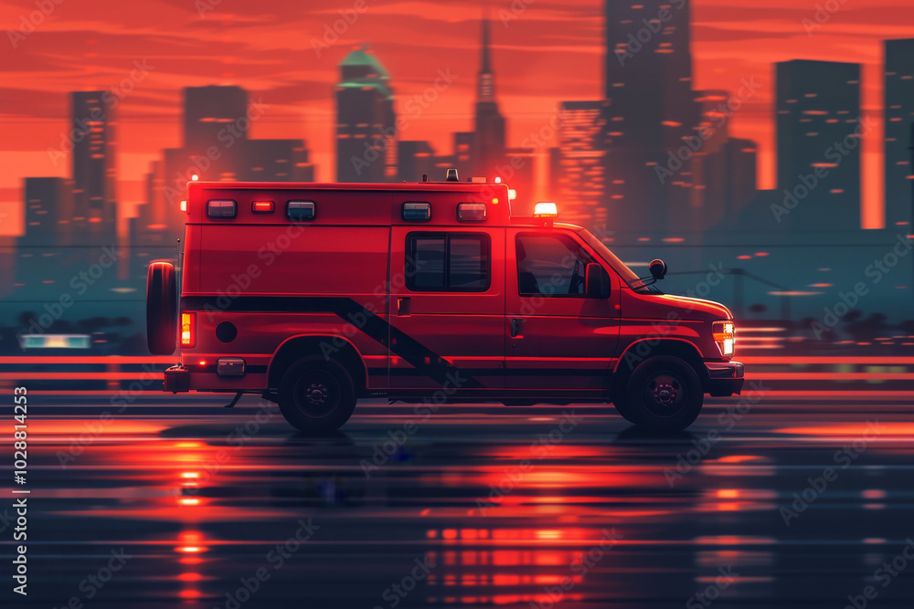 Ambulance speeds through city at night with bright lights reflecting ...