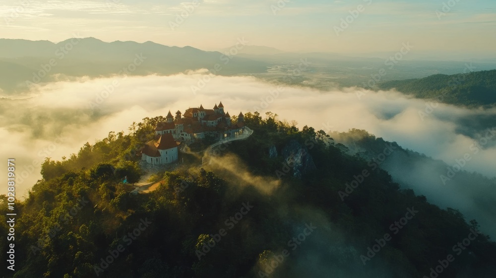 Aerial View Of Landscape Is Lunar Castles Covered With Fog At The Top