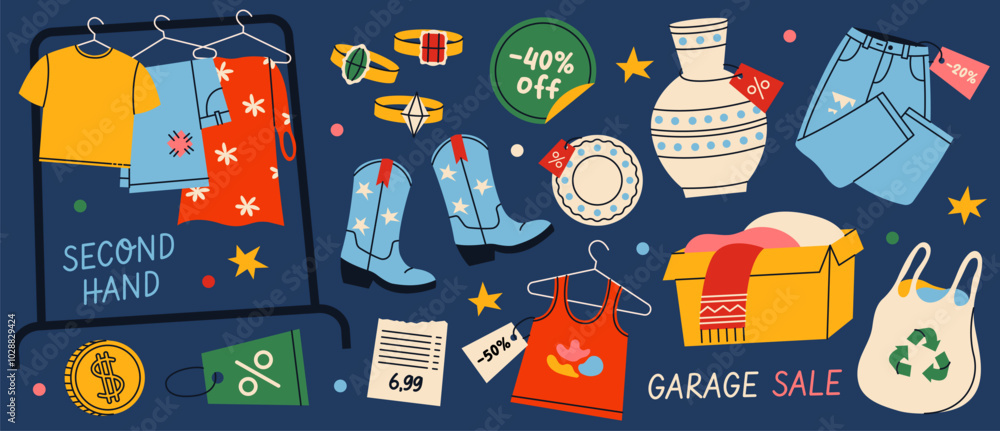 Set of used goods and clothes in second hand store or on garage sale ...