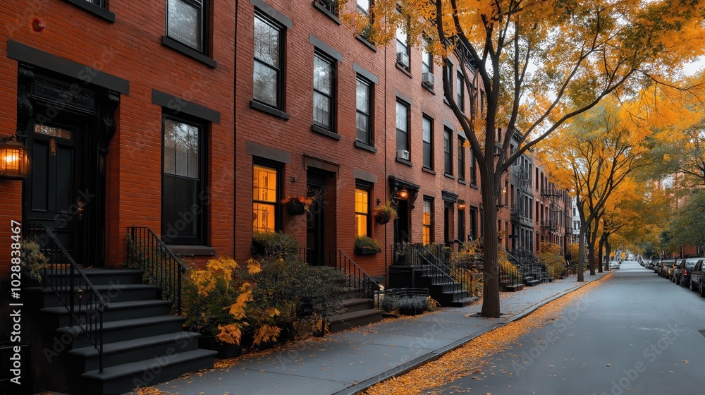Row of red brick townhouses on a tree-lined street during autumn with ...