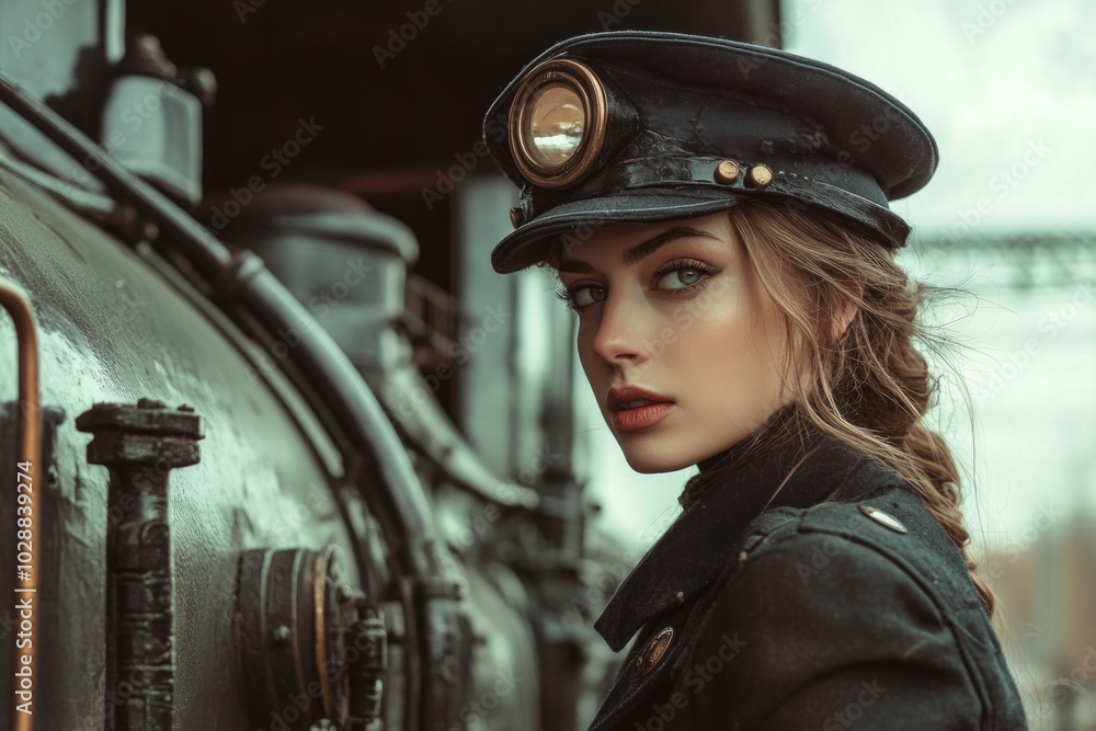 Vintage train conductor: elegant woman in classic uniform by steam ...