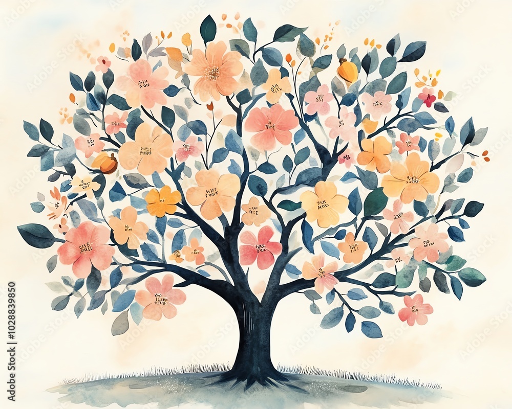 Delicate watercolor illustration of a family tree, connecting ...