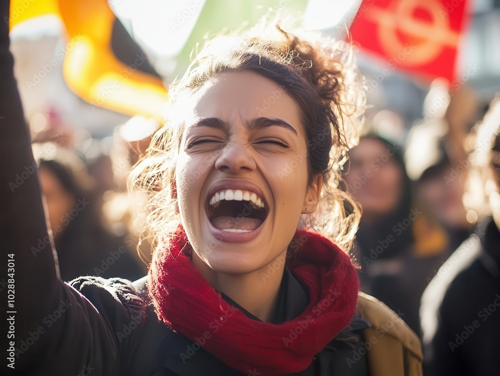 passionate female activist shouting for change, surrounded by a diverse ...