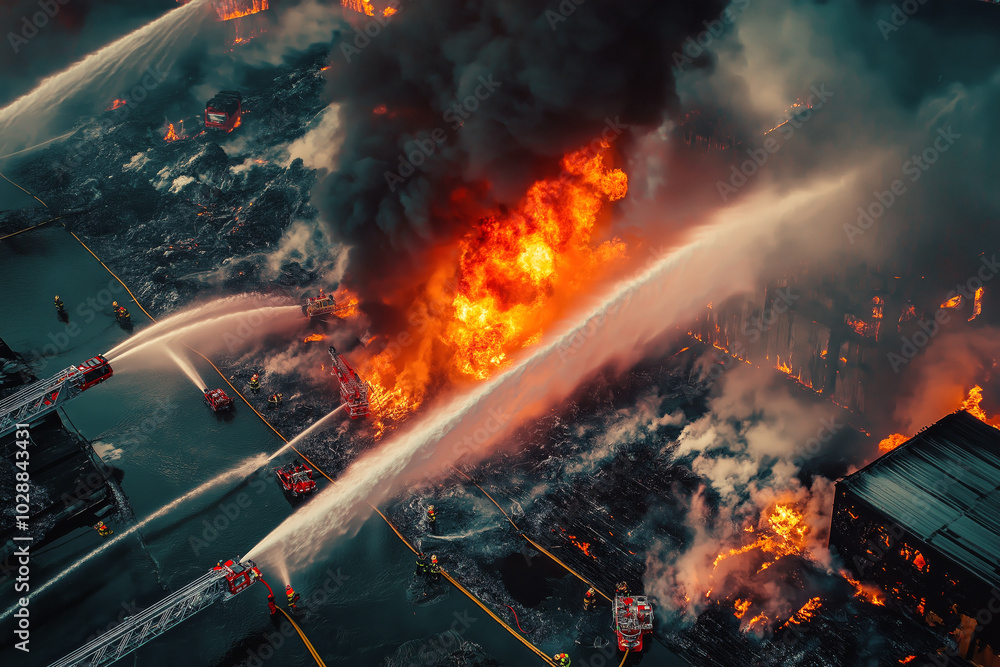 Aerial view of firefighters battling a large warehouse fire, flames and ...
