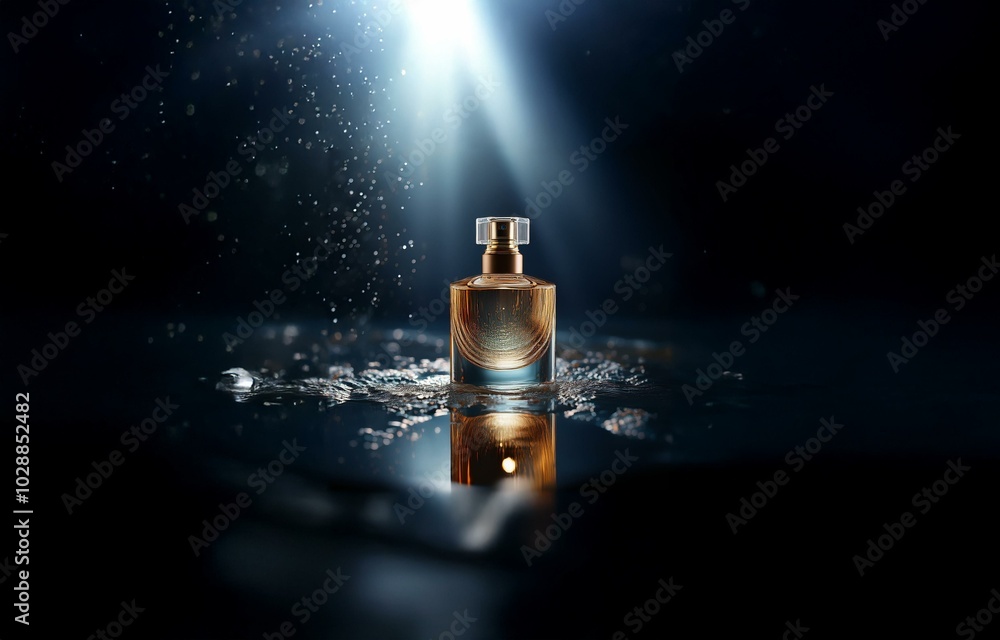 A single perfume bottle sits on a dark surface. The liquid inside ...