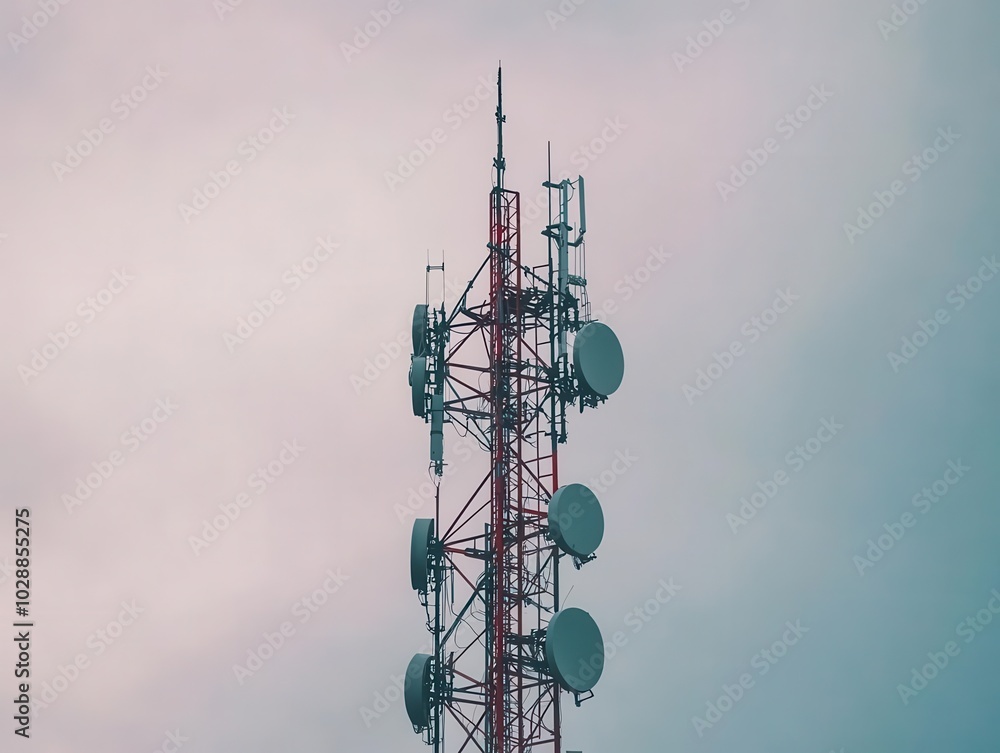 telecommunication tower equipped with antennas for phones and tv, standing tall against an urban ...