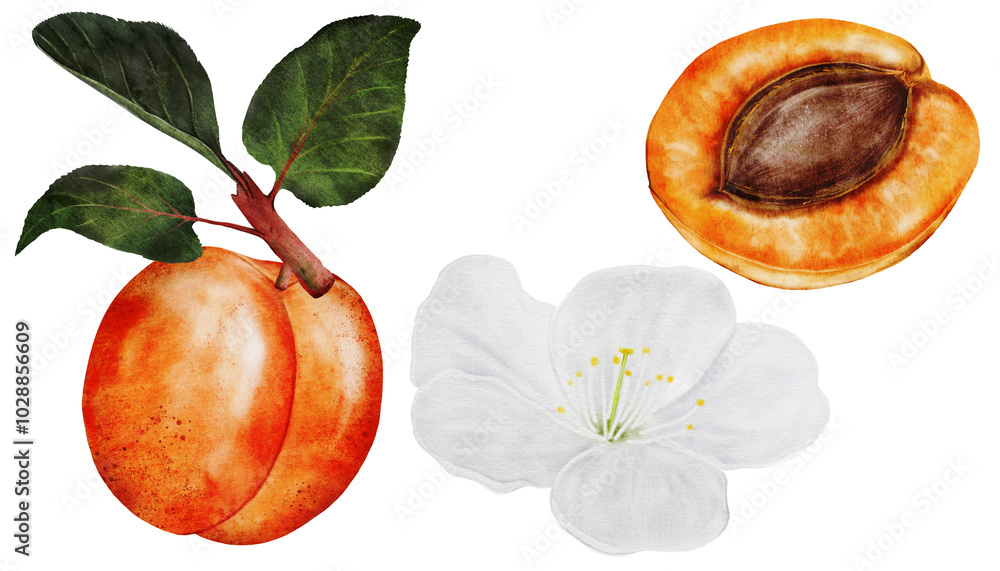 Apricot fruit watercolor. Juicy realistic set hand drawing of ripe ...