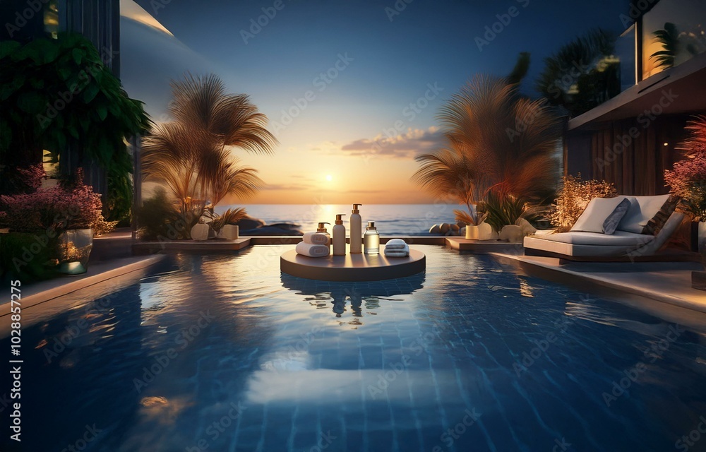 An outdoor pool with a sunset view. The pool is surrounded by a patio ...