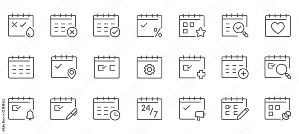 Thin Line Calendar and Task Icon Set, Editable Vector Calendar Symbols ...