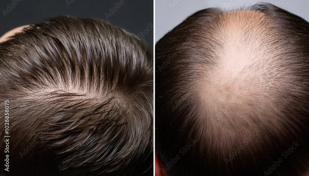before and after comparison of a man's scalp showing significant hair ...