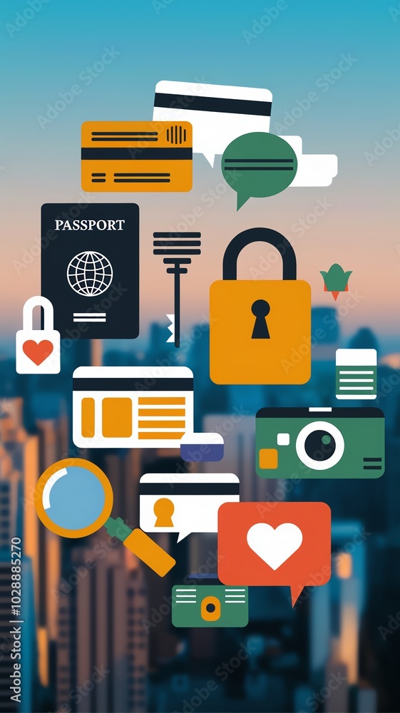 Icons of travel and security overlaying an urban cityscape, featuring a ...