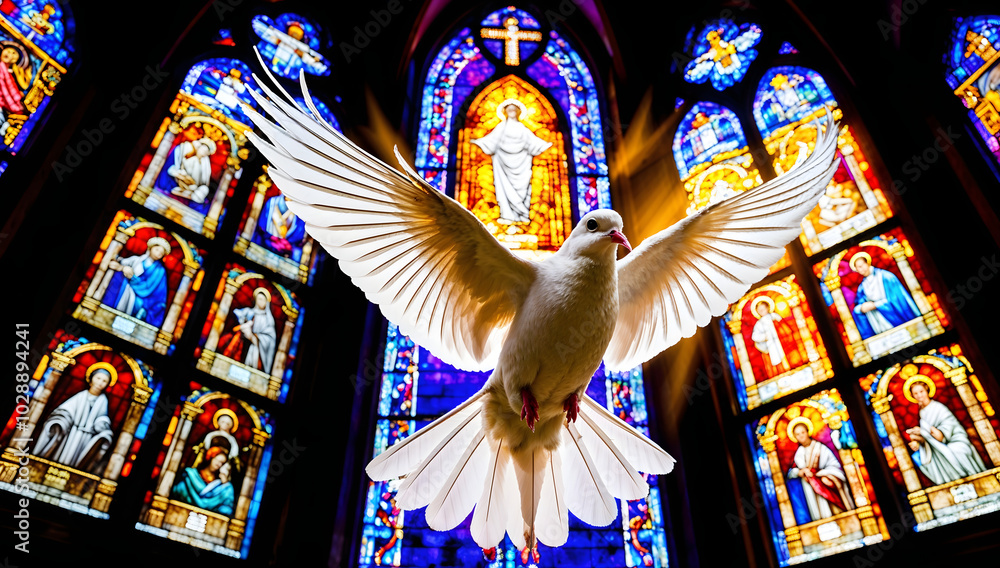 White dove flying. Holy spirit pigeon, church's colored stained glass ...