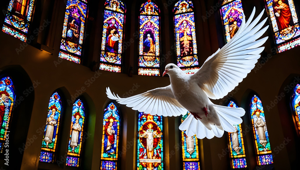 White dove flying. Holy spirit pigeon, church's colored stained glass ...