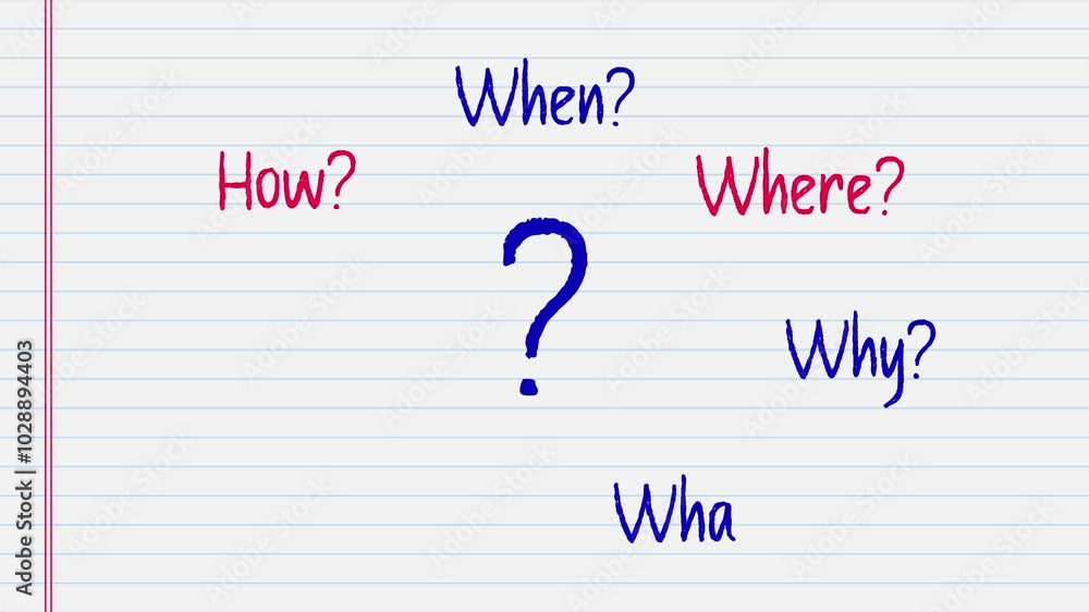 question mark and words on note paper sheet doodle, hand written ...