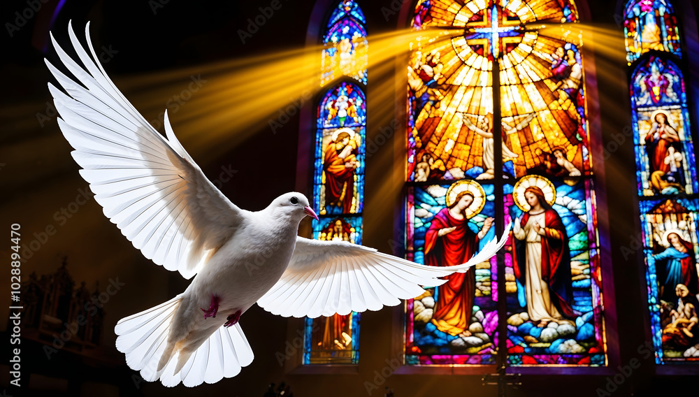 White dove flying. Holy spirit pigeon, church's colored stained glass ...