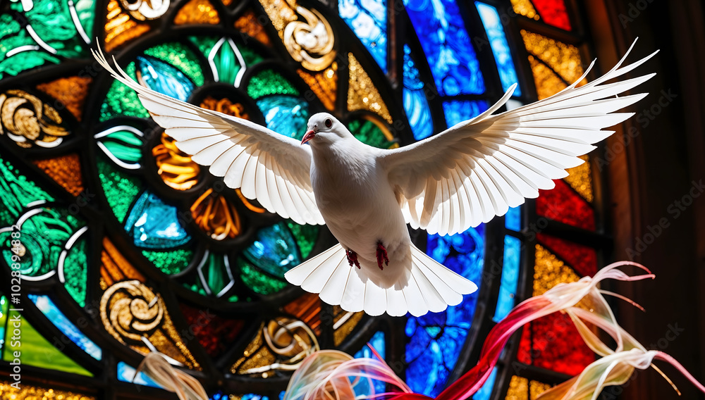 White dove flying. Holy spirit pigeon, church's colored stained glass ...
