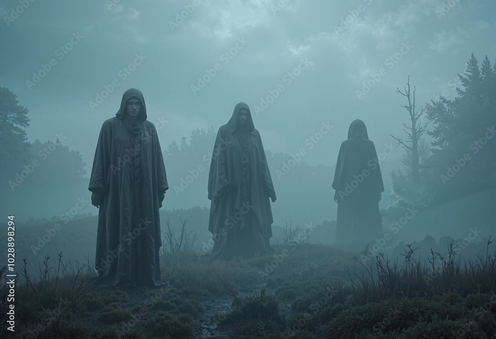 Silhouettes of ghouls with elongated arms, clean lines and flat dark ...
