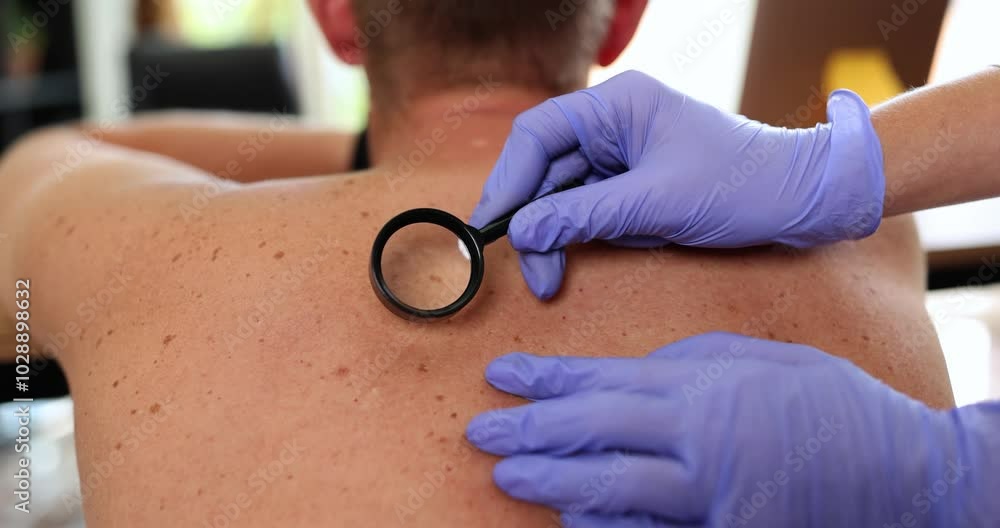 Doctor examines neoplasms on skin of adult back with magnifying glass ...
