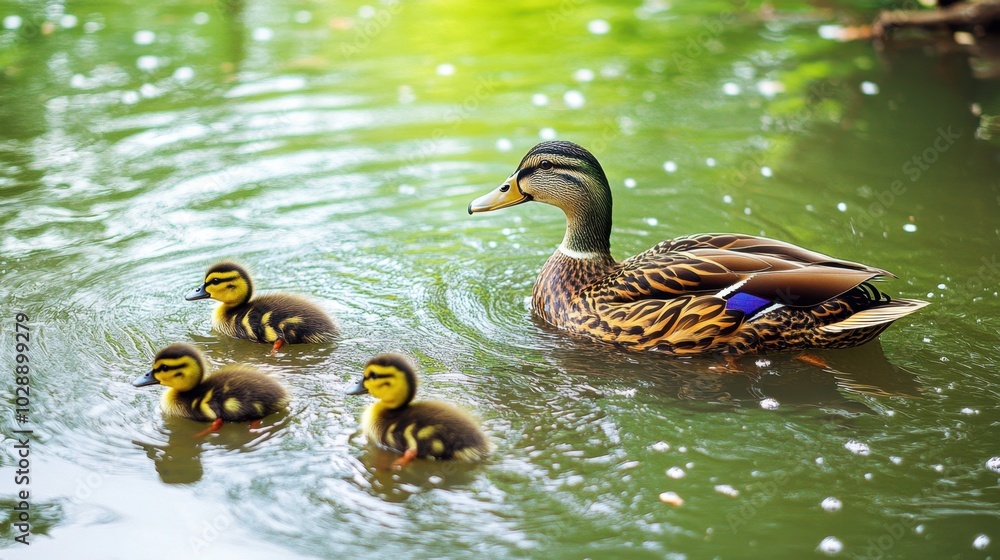 Mama duck swimming gracefully in a pond with her ducklings following ...